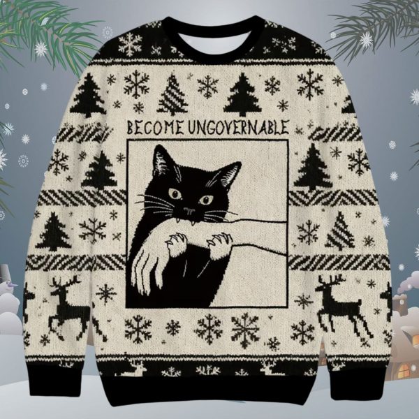 Black Cat Become Ungovernable Christmas Ugly Sweater - brastraps.com