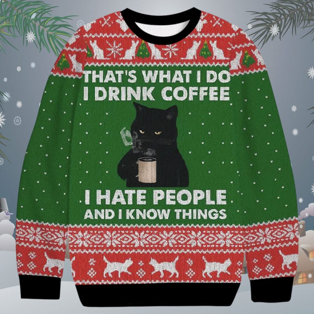 Black Cat Coffee Christmas Ugly Sweater - brastraps.com